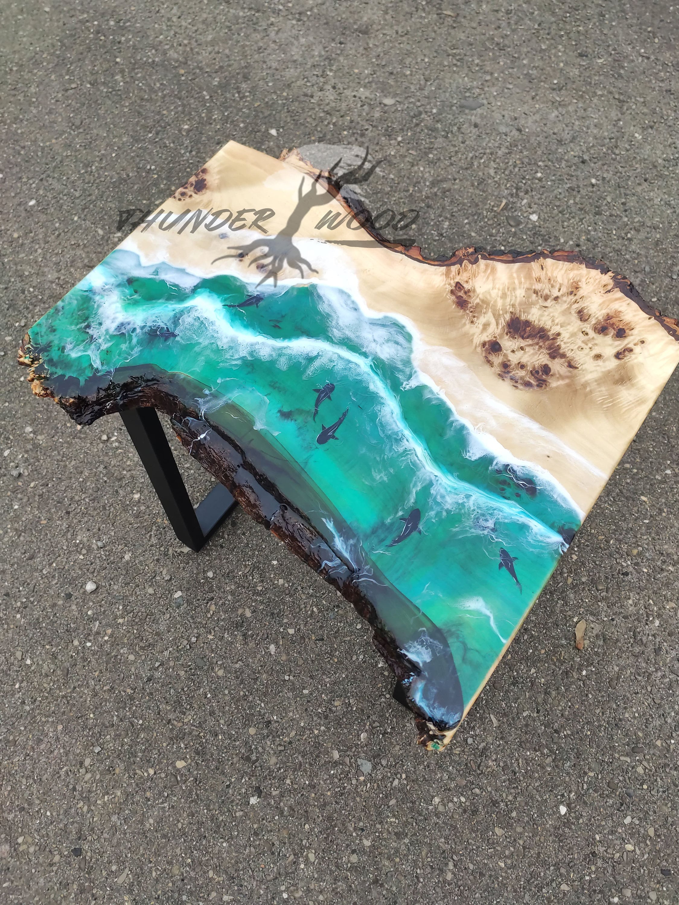 Shark Ocean Epoxy Side Table, Live Edge Coastal Accent Table, Handmade ...