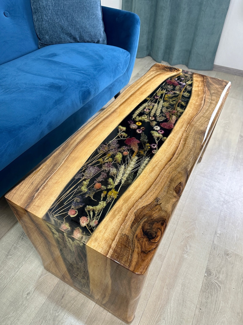 Dried Flower Epoxy Table, Wildflower Epoxy Resin Art Desk, Live Edge ...