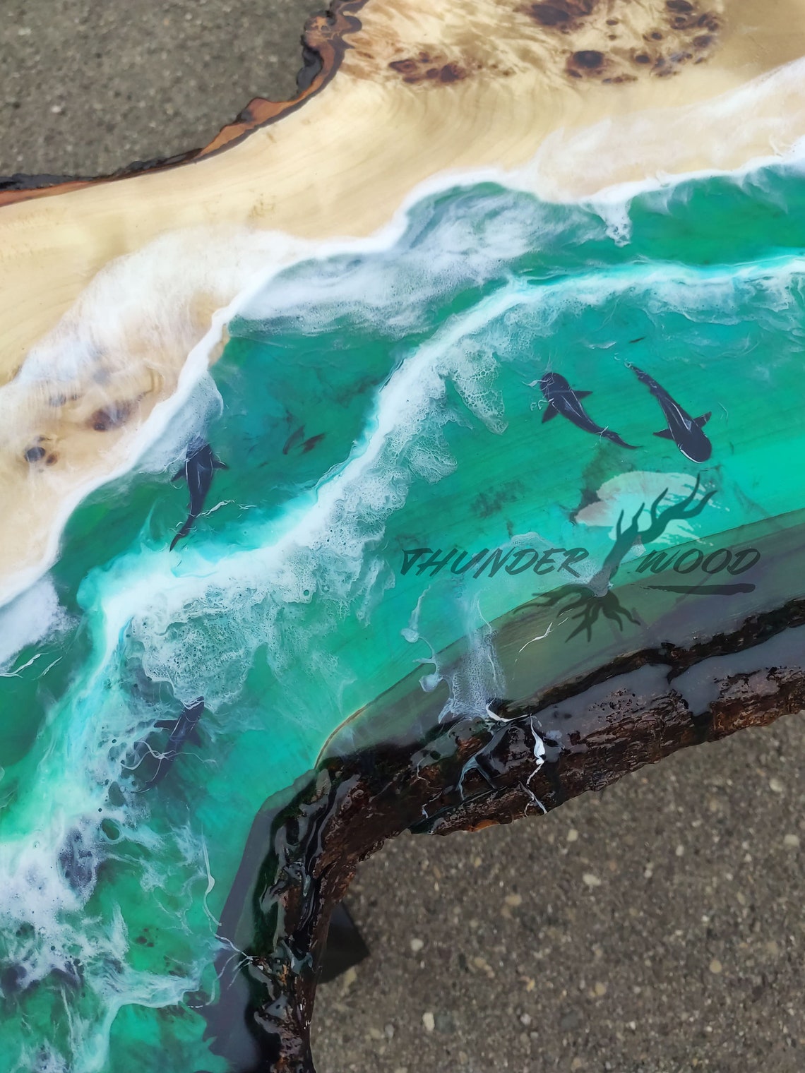 Shark Ocean Epoxy Side Table, Live Edge Coastal Accent Table, Handmade ...
