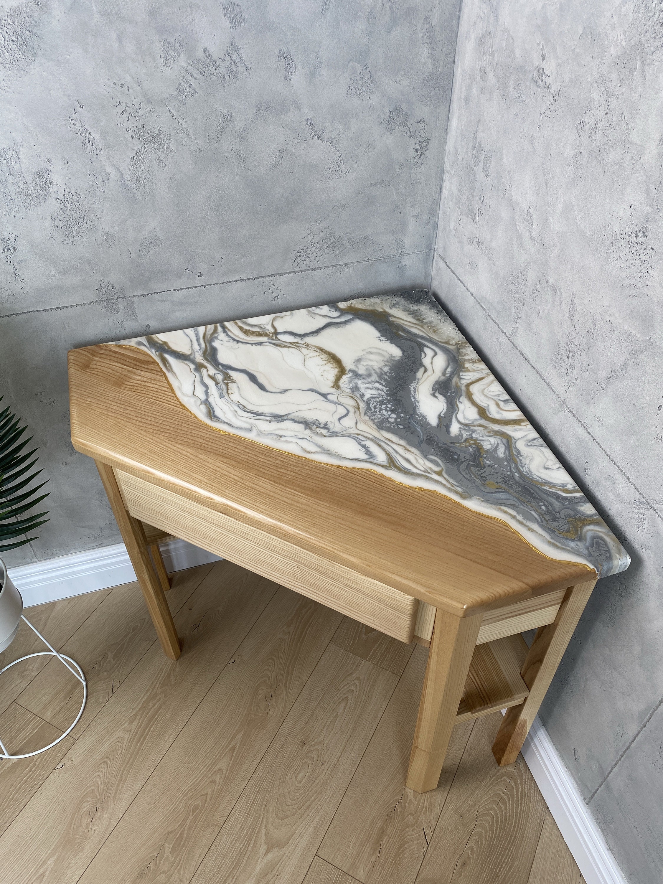Epoxy River Corner Console Table With Drawer, Solid Wood Small Desk ...