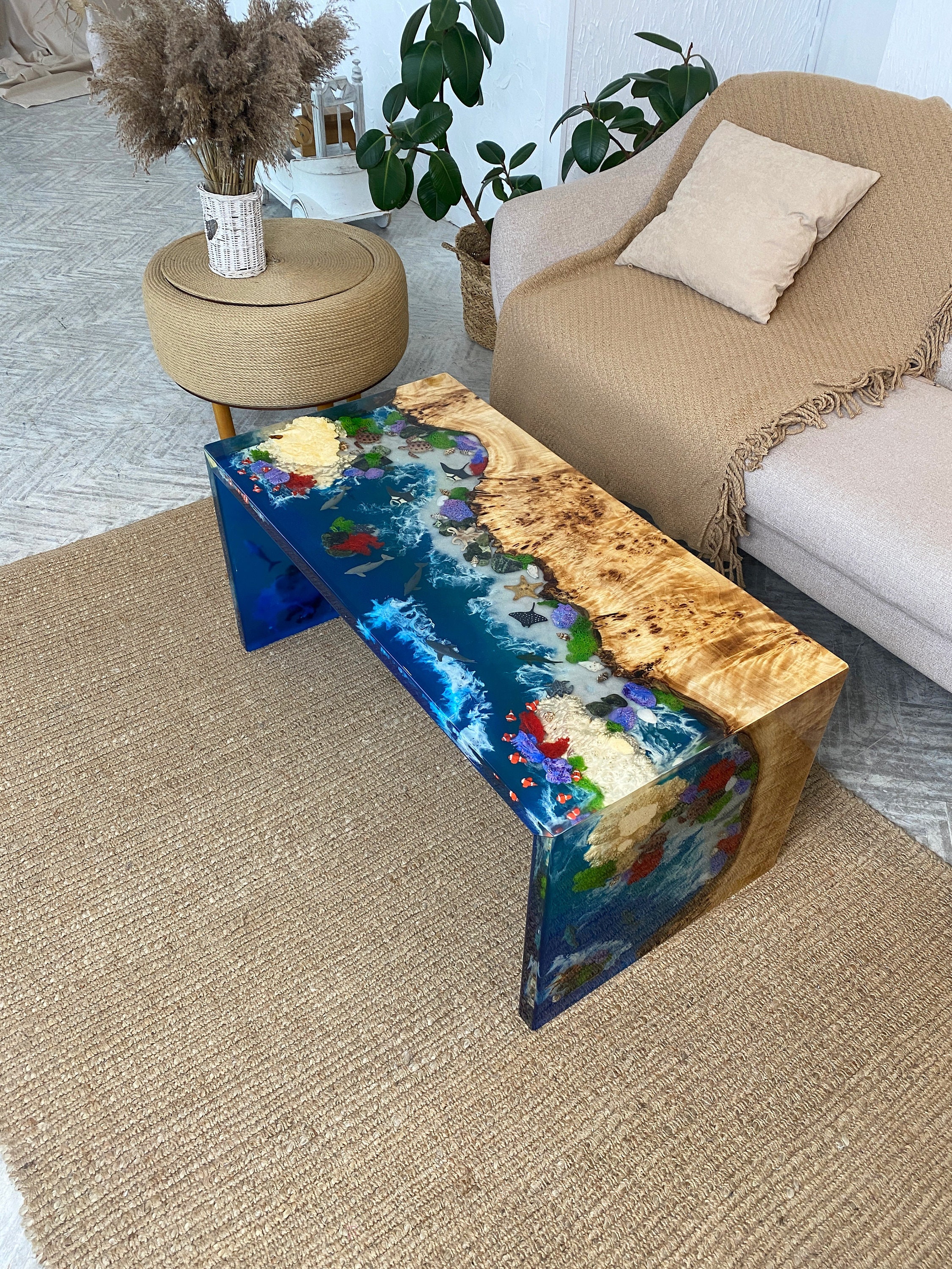 Ocean Epoxy Resin Table, Aquarium Waterfall Desk, Live Edge Wood ...