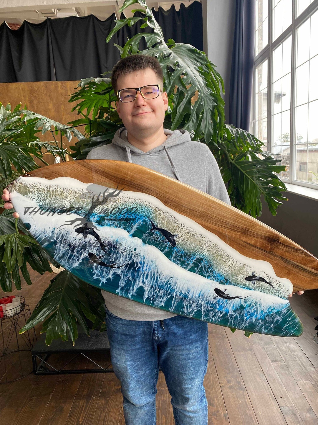 Wooden Surfboard With Resin Wave Table Top, Ocean Design, Unique Epoxy ...