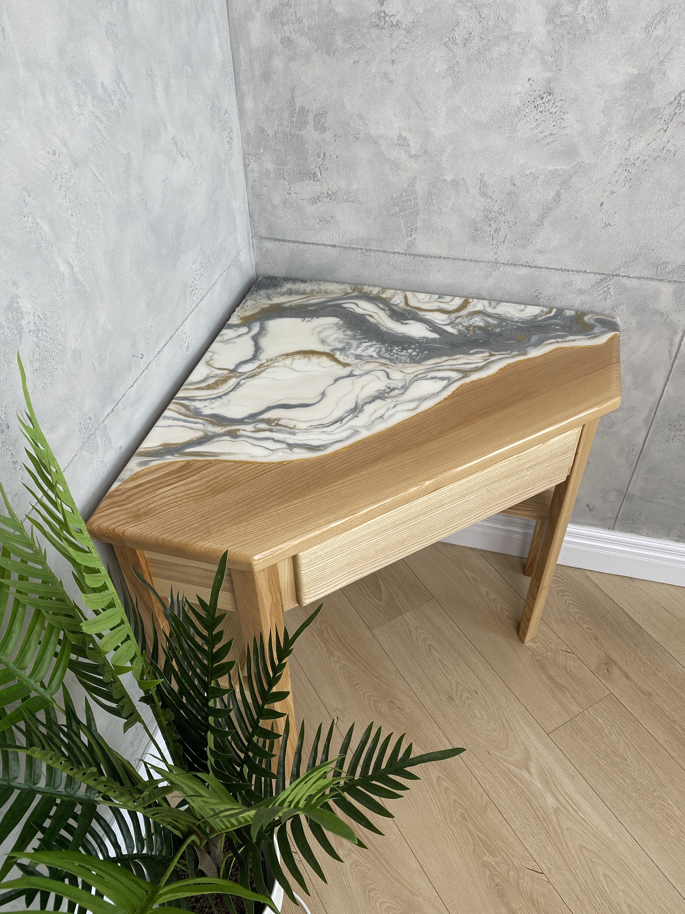 Epoxy River Corner Console Table With Drawer, Solid Wood Small Desk ...