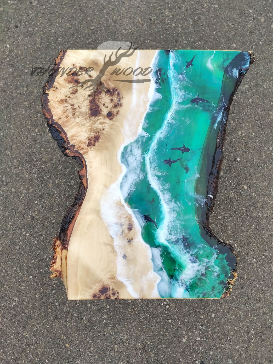 Shark Ocean Epoxy Side Table, Live Edge Coastal Accent Table, Handmade ...