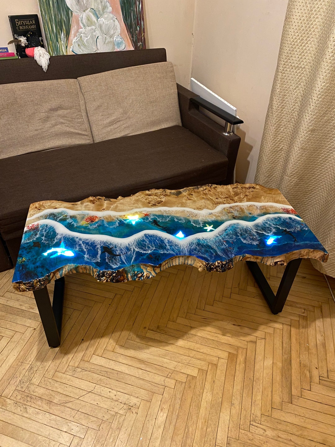 Ocean Resin Art Table Glowing in the Dark Sharks and Sea Stars, Custom ...