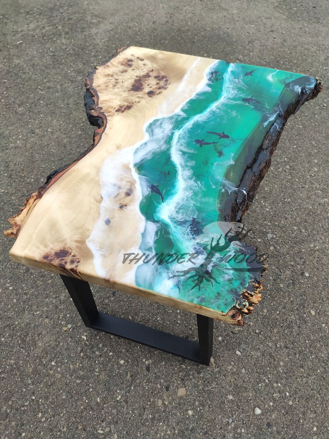 Shark Ocean Epoxy Side Table, Live Edge Coastal Accent Table, Handmade ...
