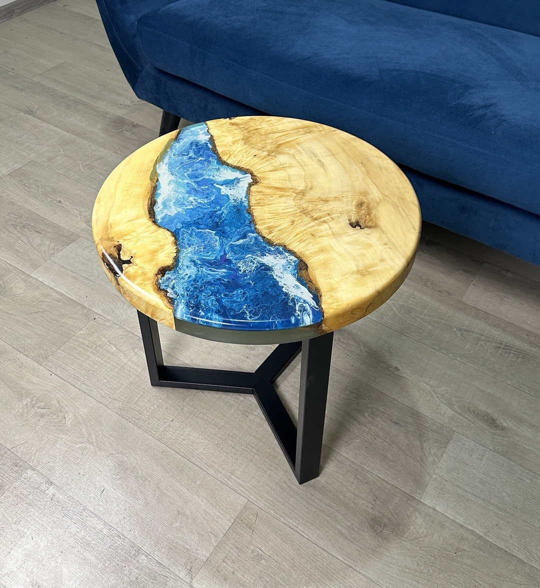 Round Slab Wood Coffee Table, Ocean End Table, Round Center Table, Small Accent Table, Patio ...