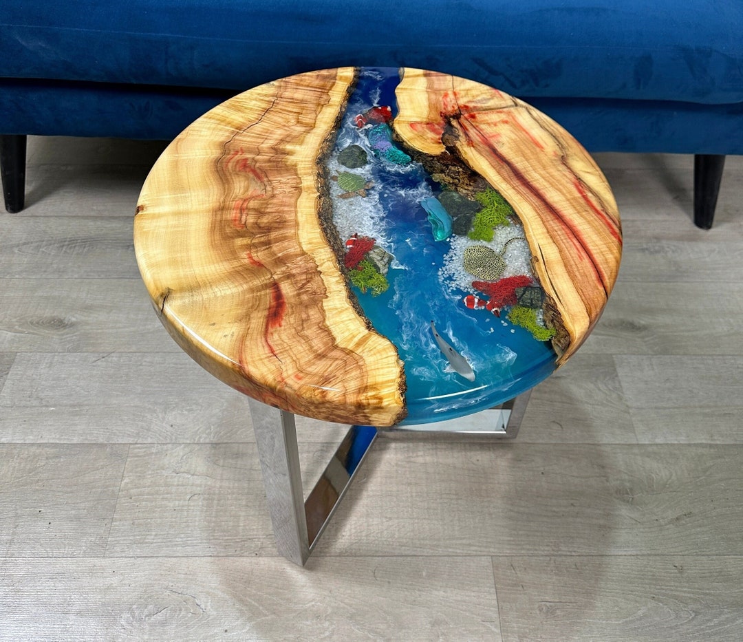 Round Wood and Blue Epoxy Koi Fish Table, Custom Made Resin Furniture ...