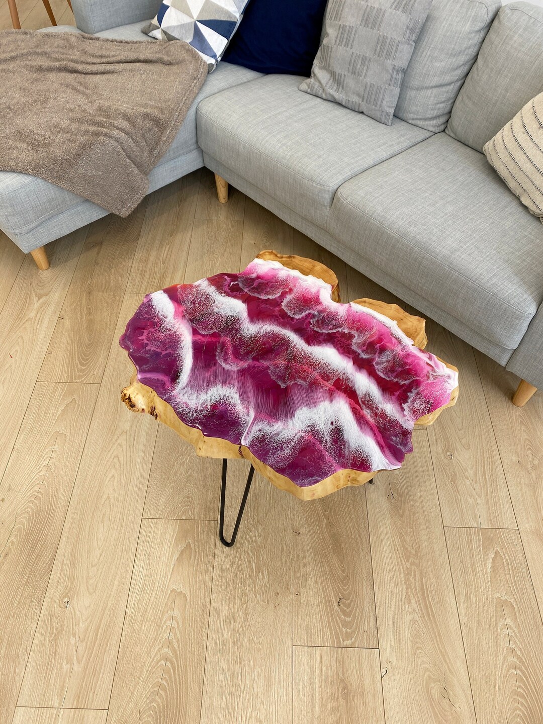 Pink Epoxy Coffee Table, Slab Wood Side Table, Designer Hairpin Legs ...