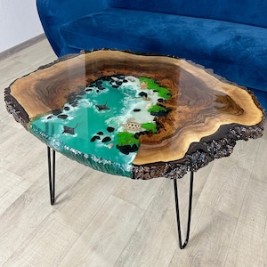 Epoxy Ocean Resin Coffee Table, Live Edge Wood Coffee Table With Sea ...
