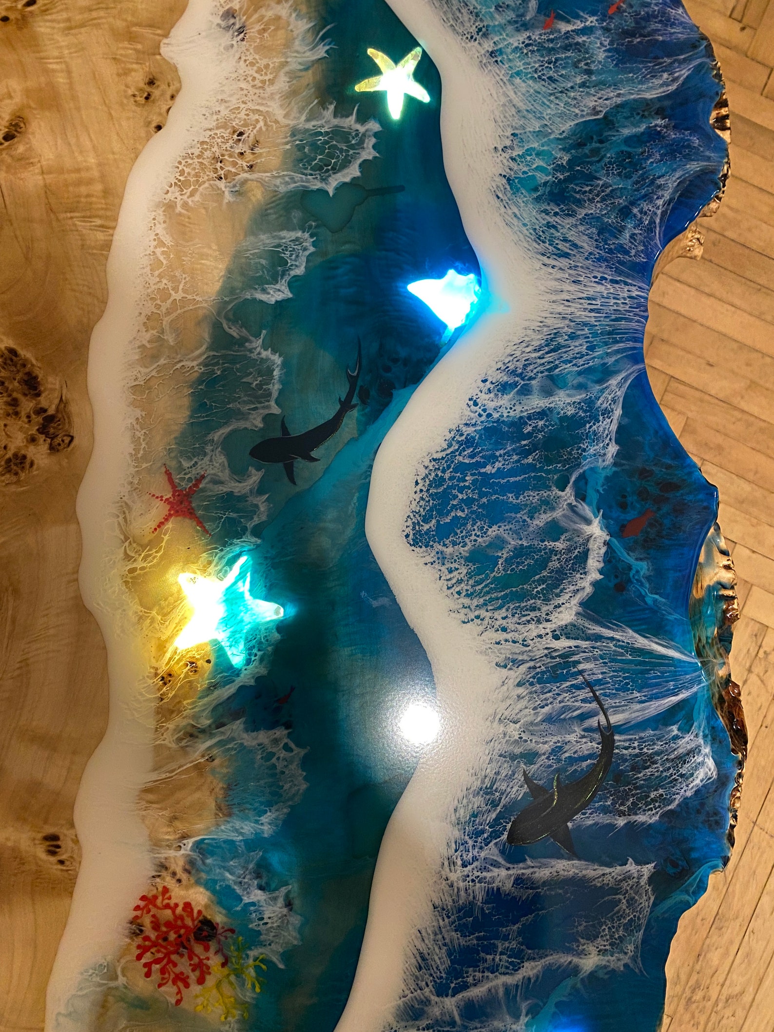 Ocean Resin Art Table Glowing in the Dark Sharks and Sea Stars, Custom ...