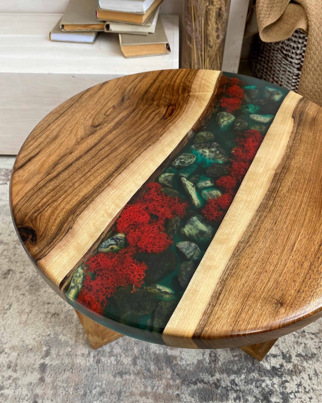River Epoxy Wood Table With Red Corals & Rocks, Round Wooden Table for ...