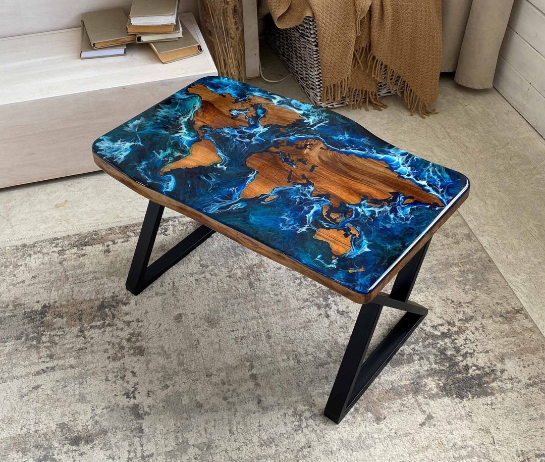 Map Table, Custom Epoxy Wooden World Map Table Top, Epoxy Dining Table ...