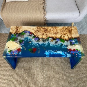 Ocean Epoxy Resin Table, Aquarium Waterfall Desk, Live Edge Wood ...