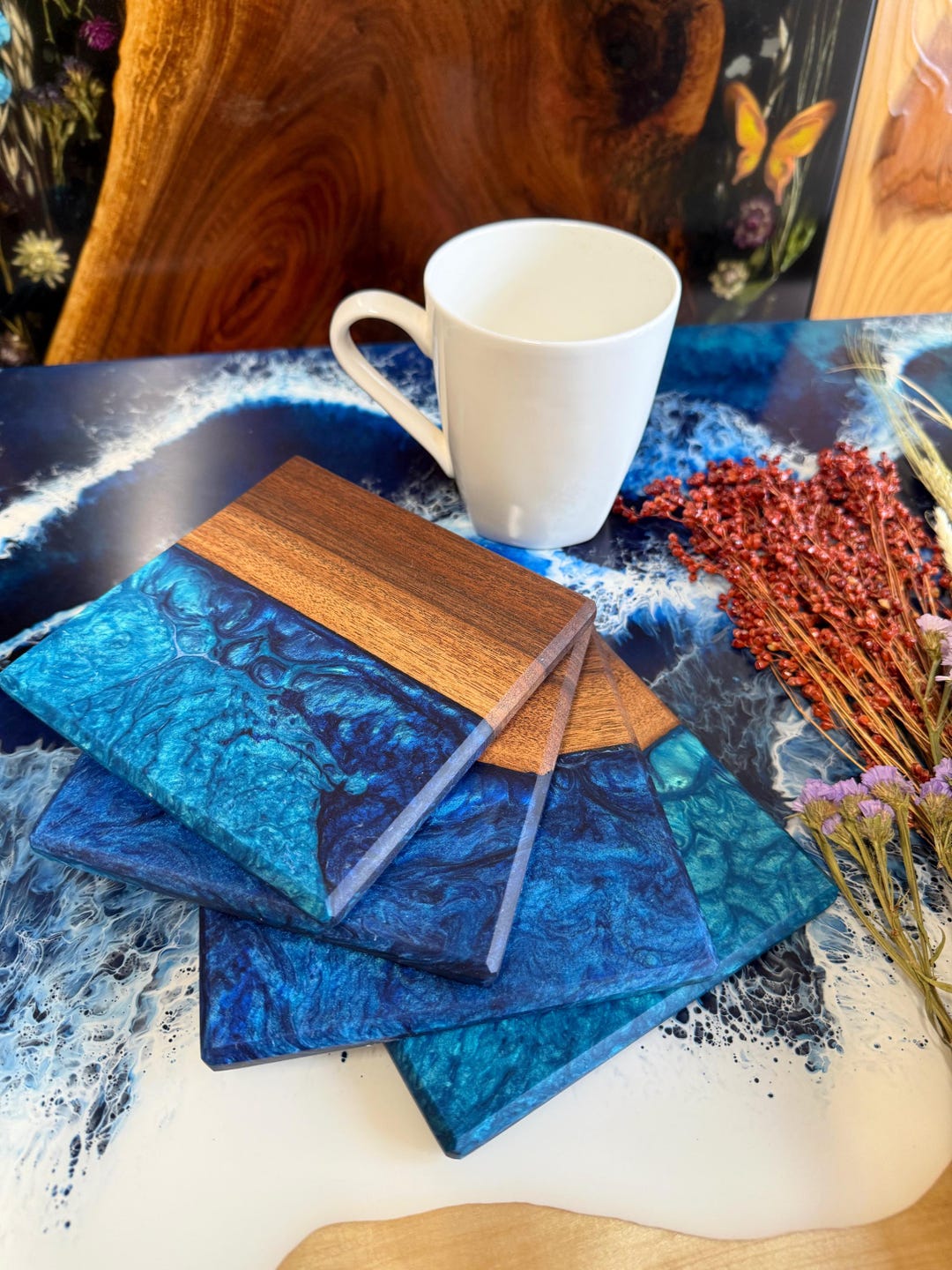 Blue Resin Wood Coasters, Wooden Drink Coasters, Big Coaster Set ...