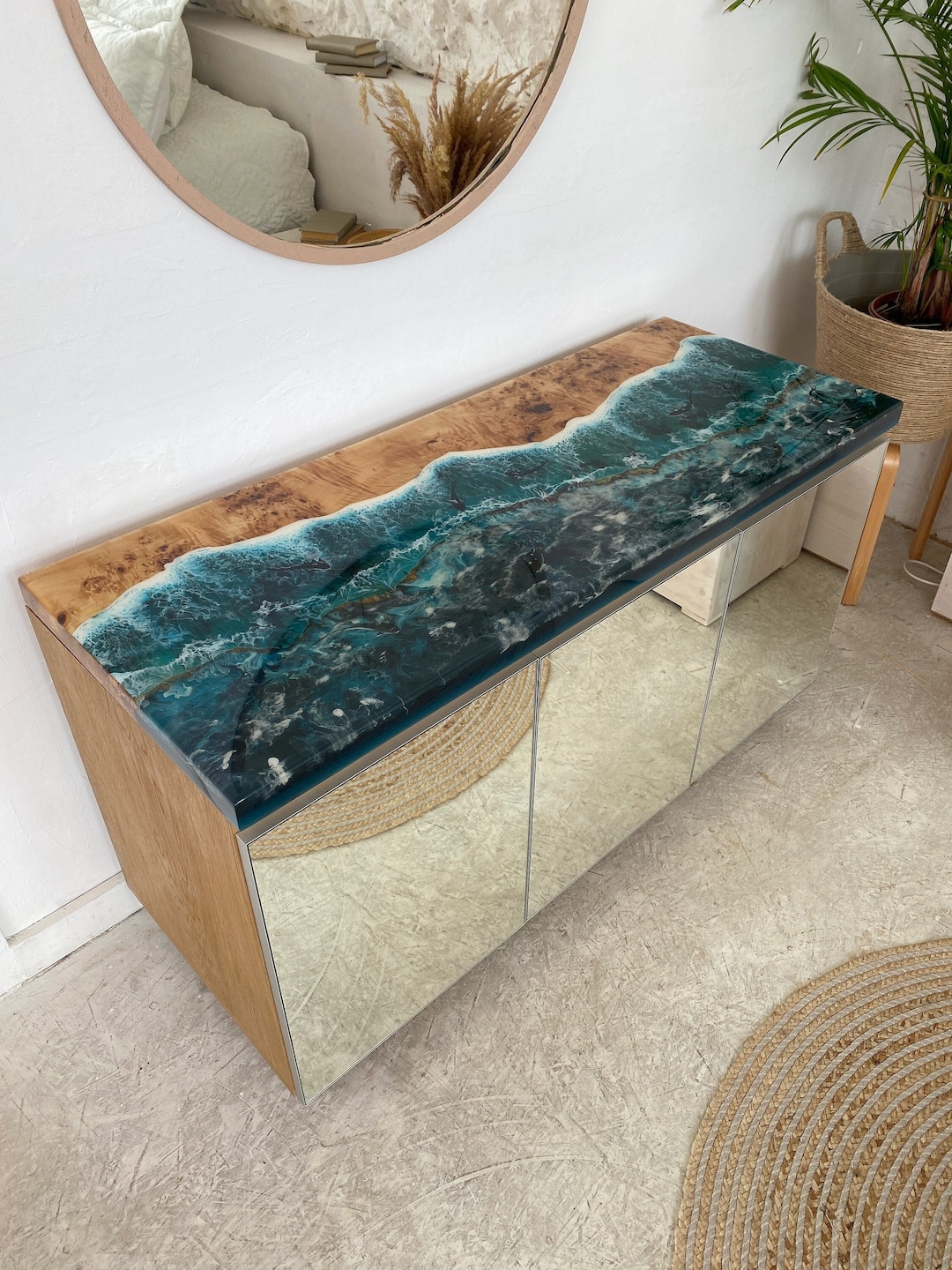 Resin Wood Chest of Drawers Mirrored, Modern Sideboard, Epoxy Resin ...