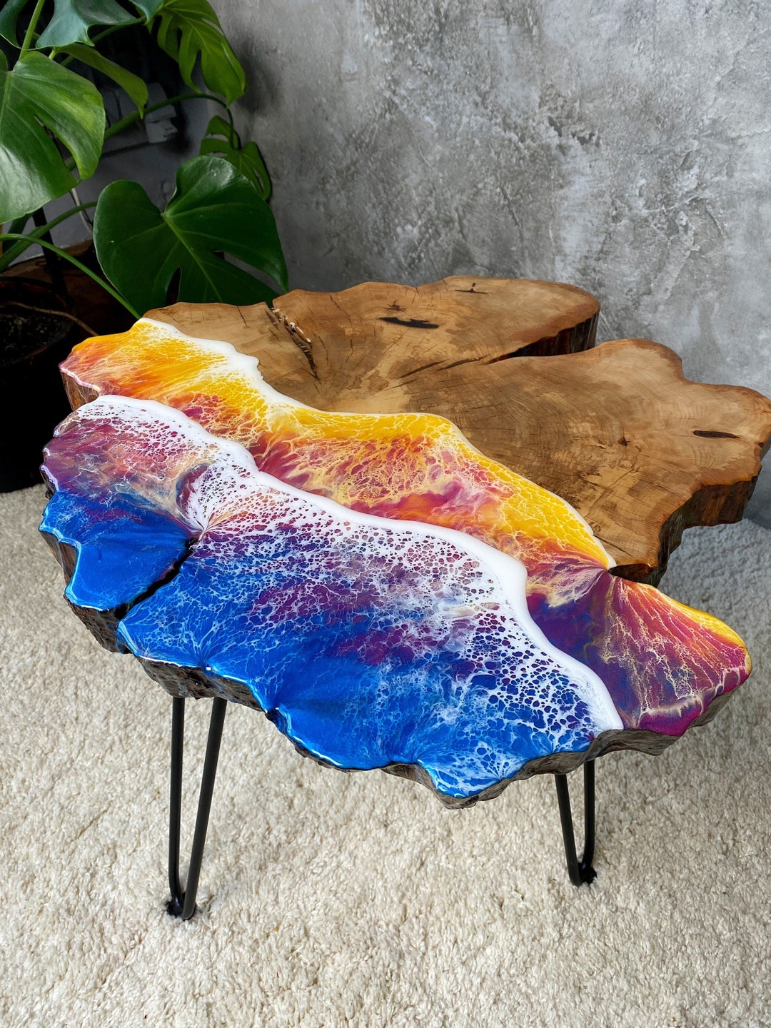 Accent Coffee Table, Live Edge Table for Living Room, Round Ocean Wave ...