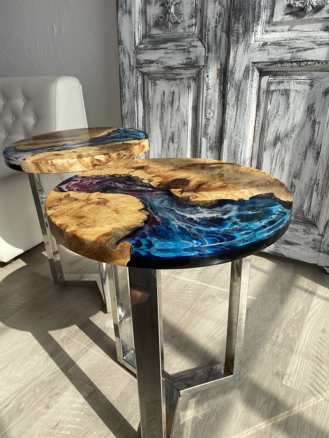 Round Epoxy Coffee Table Set, Handmade Risen Furniture, Blue River Side ...