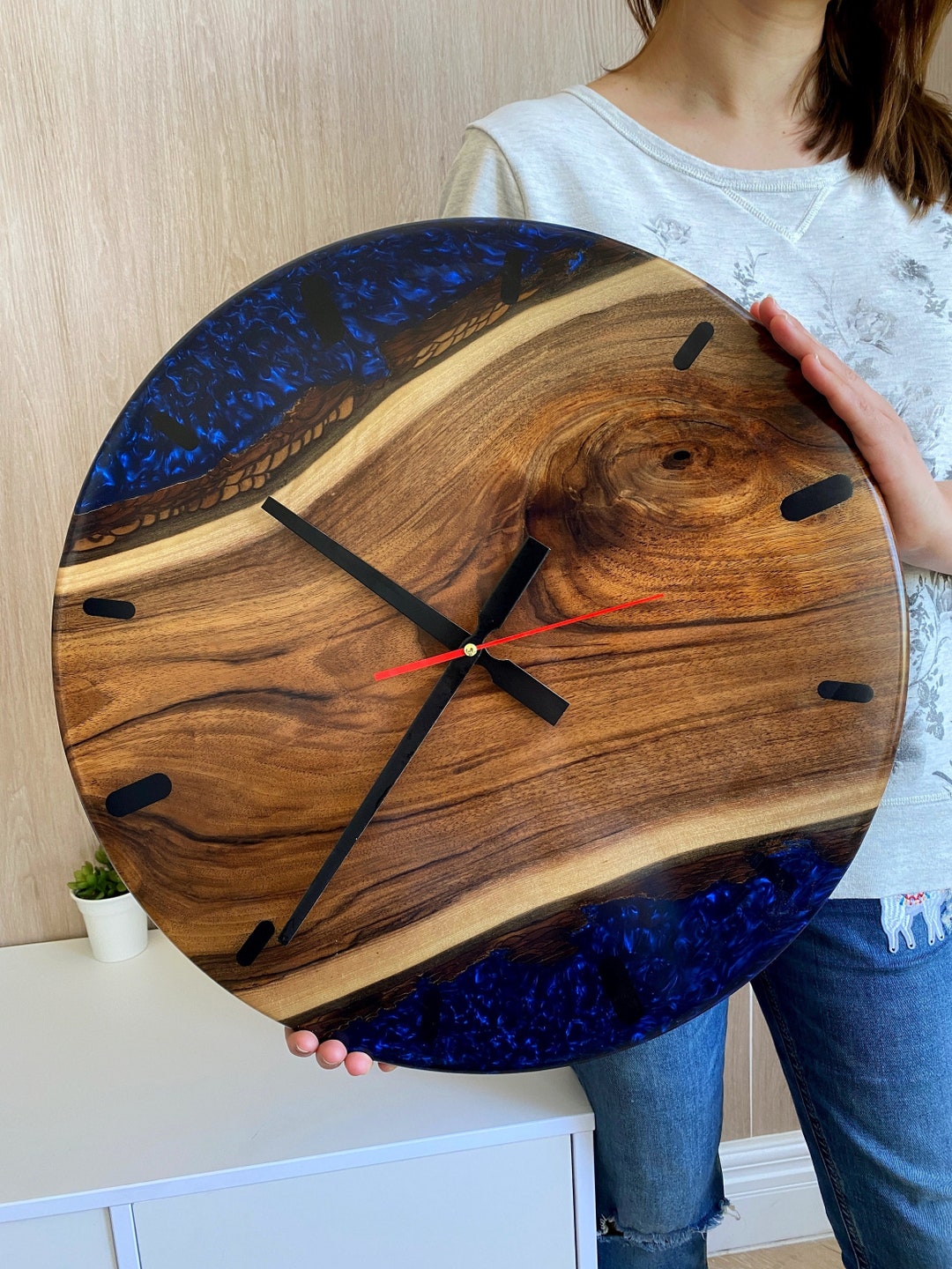 Handmade Wood and Blue Epoxy Resin Wall Clock, Silent Movement - Etsy