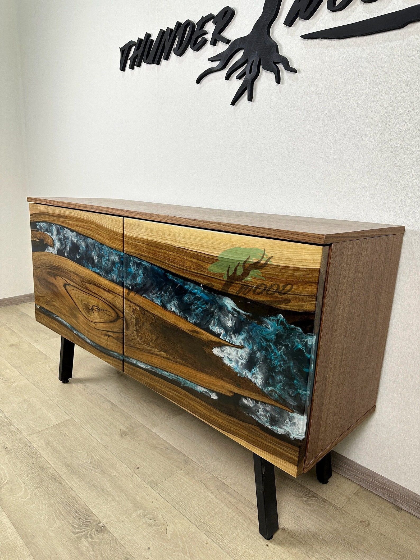 Custom Walnut Epoxy Sideboard Cabinet, Designer Buffet for Dining Room ...