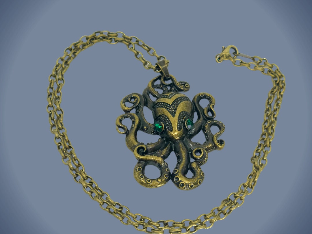 Copper Octopus With Curling Tentacles and Green Eyes Pendant on 23 ...