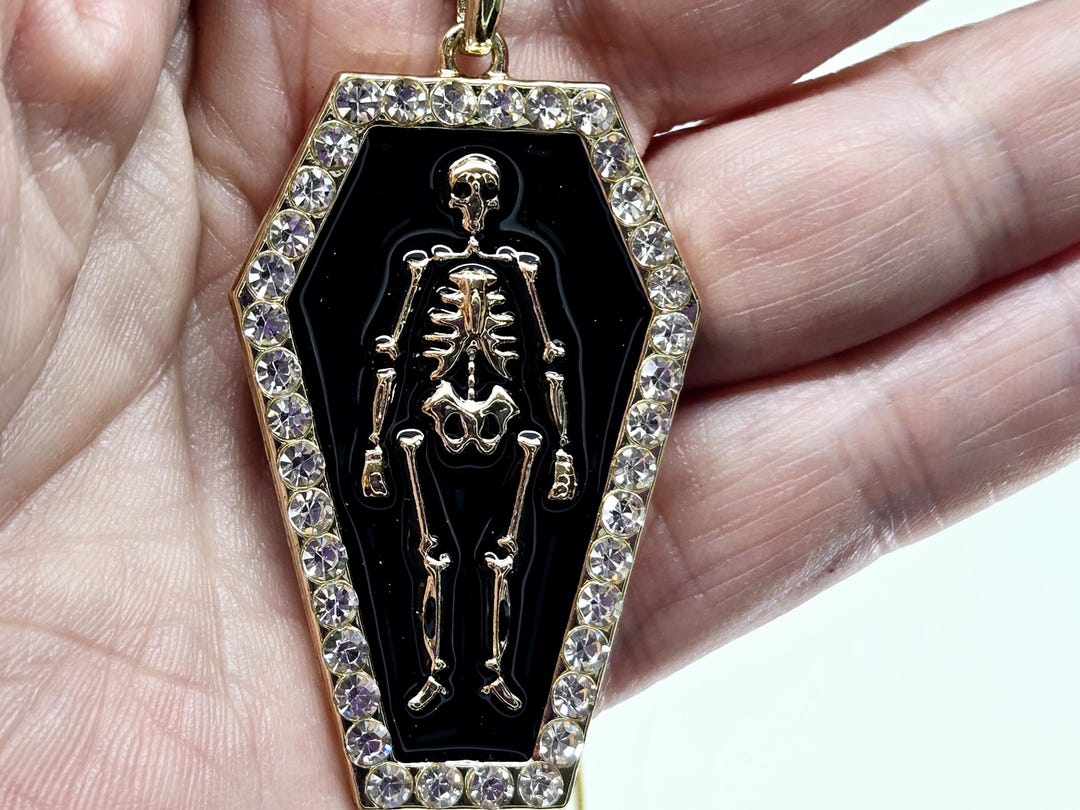 Black Coffin Necklace: Gold Skeleton & Crystal Trim, 19" Serpentine ...