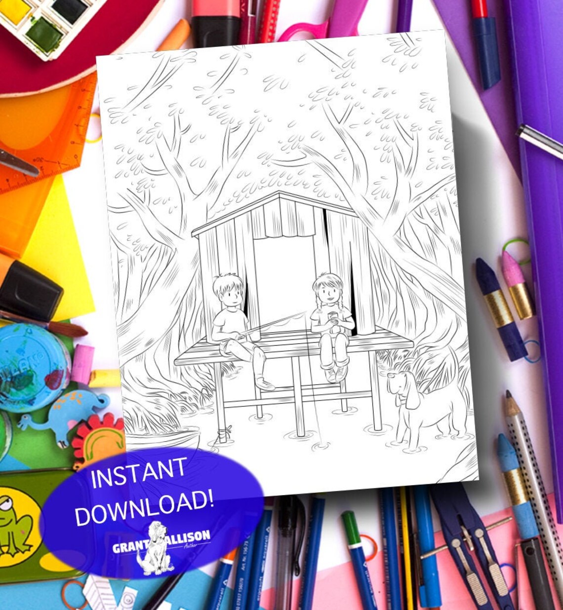 Children Fishing From Treehouse Coloring Page Printable Wren and Frog ...