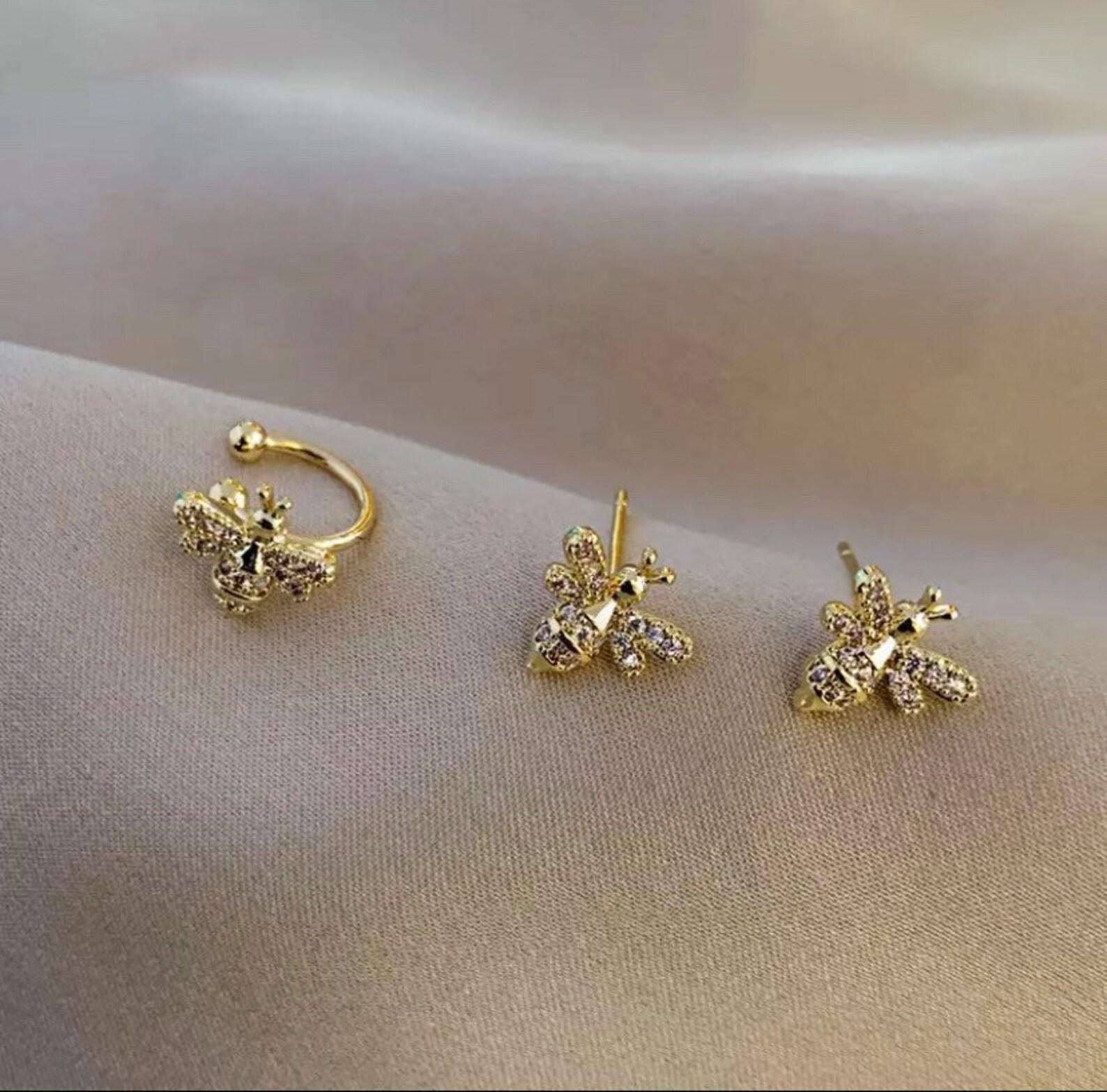 3 Piece Bee Earring Set Bee Cuff Bee Clip Bee Studs - Etsy