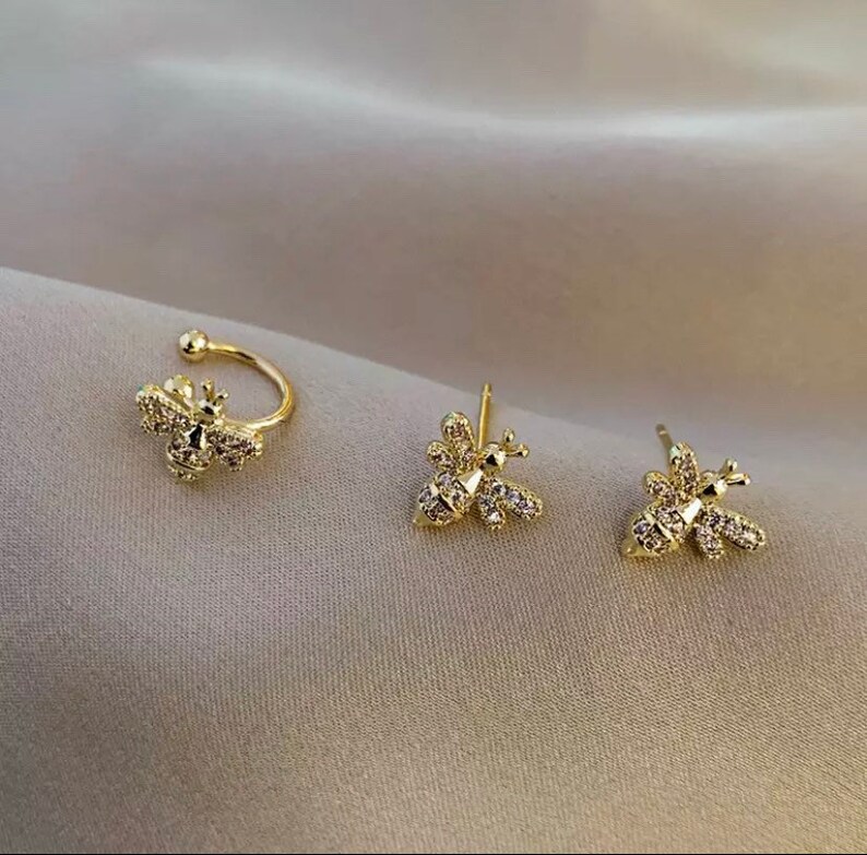 3 Piece Bee Earring Set Bee Cuff Bee Clip Bee Studs - Etsy