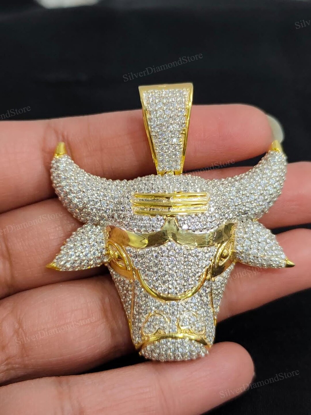 Men's 3D Bull Face Rapper Pendant Round Cut Diamond, 14k Yellow Gold ...