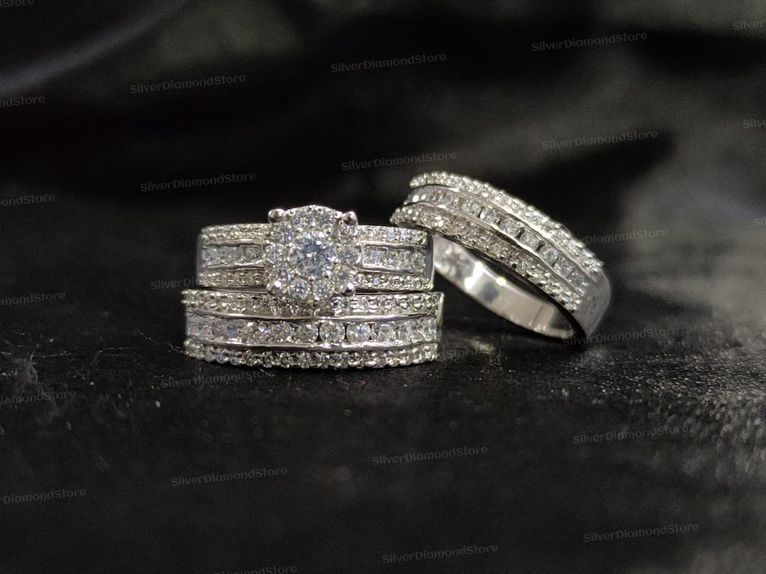 2CT Round Cut Diamond Anniversary Trio Ring Set, His and Her Trio Ring ...