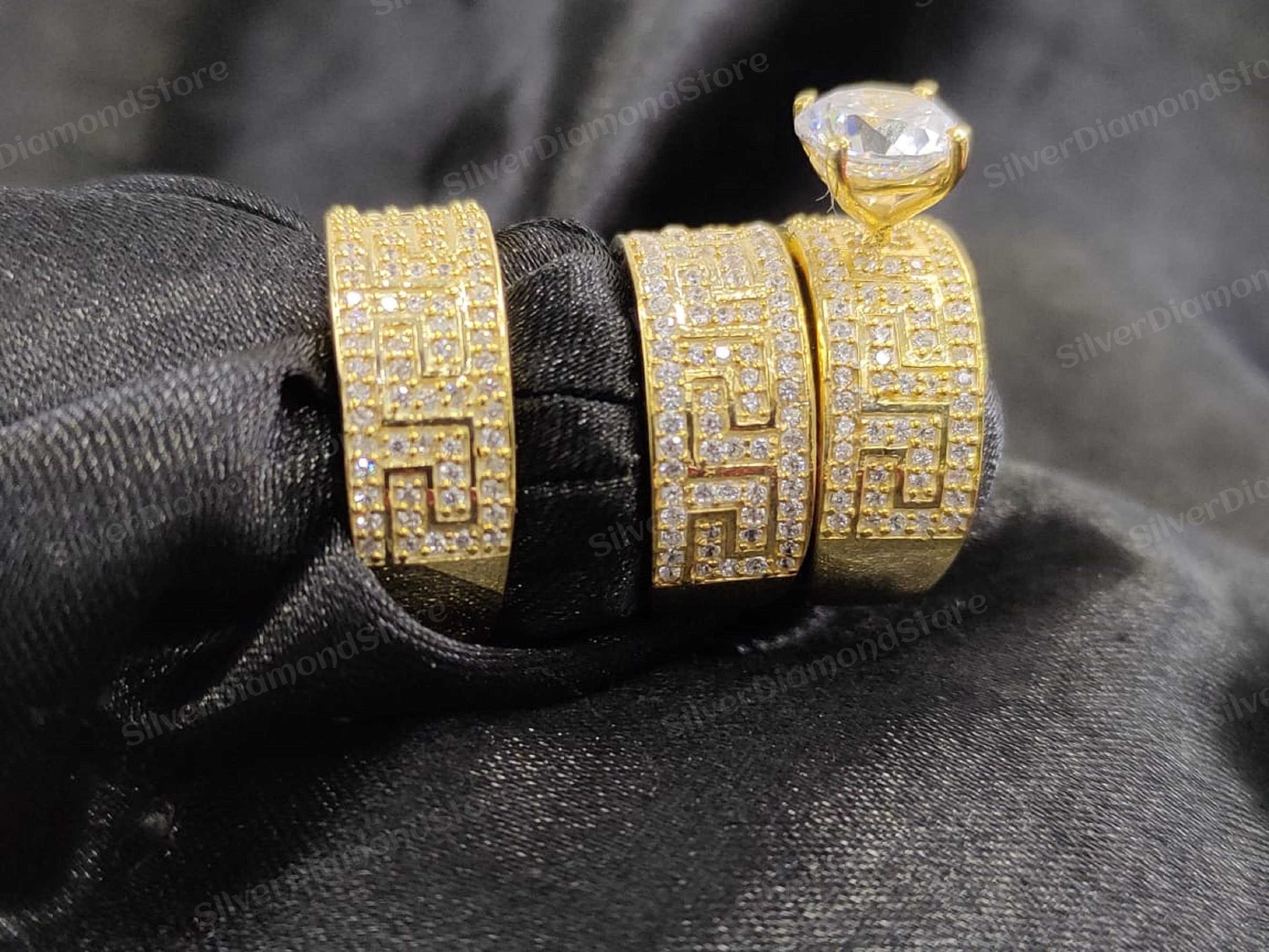 His and Her Wedding Trio Ring Set, Anniversary Wedding Set, Round Cut ...