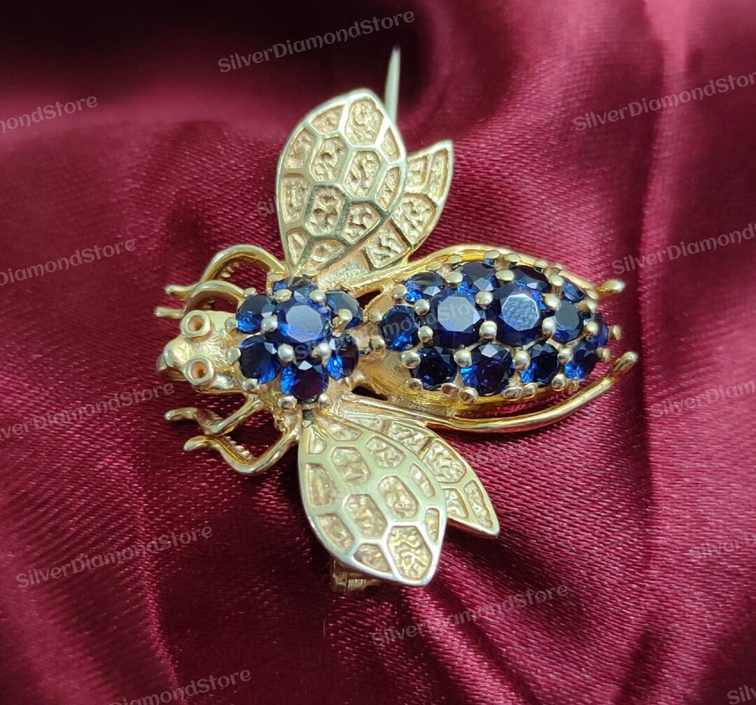 Sterling Silver Honey Bee Brooch, 14K Yellow Gold Finish, Blue Sapphire ...
