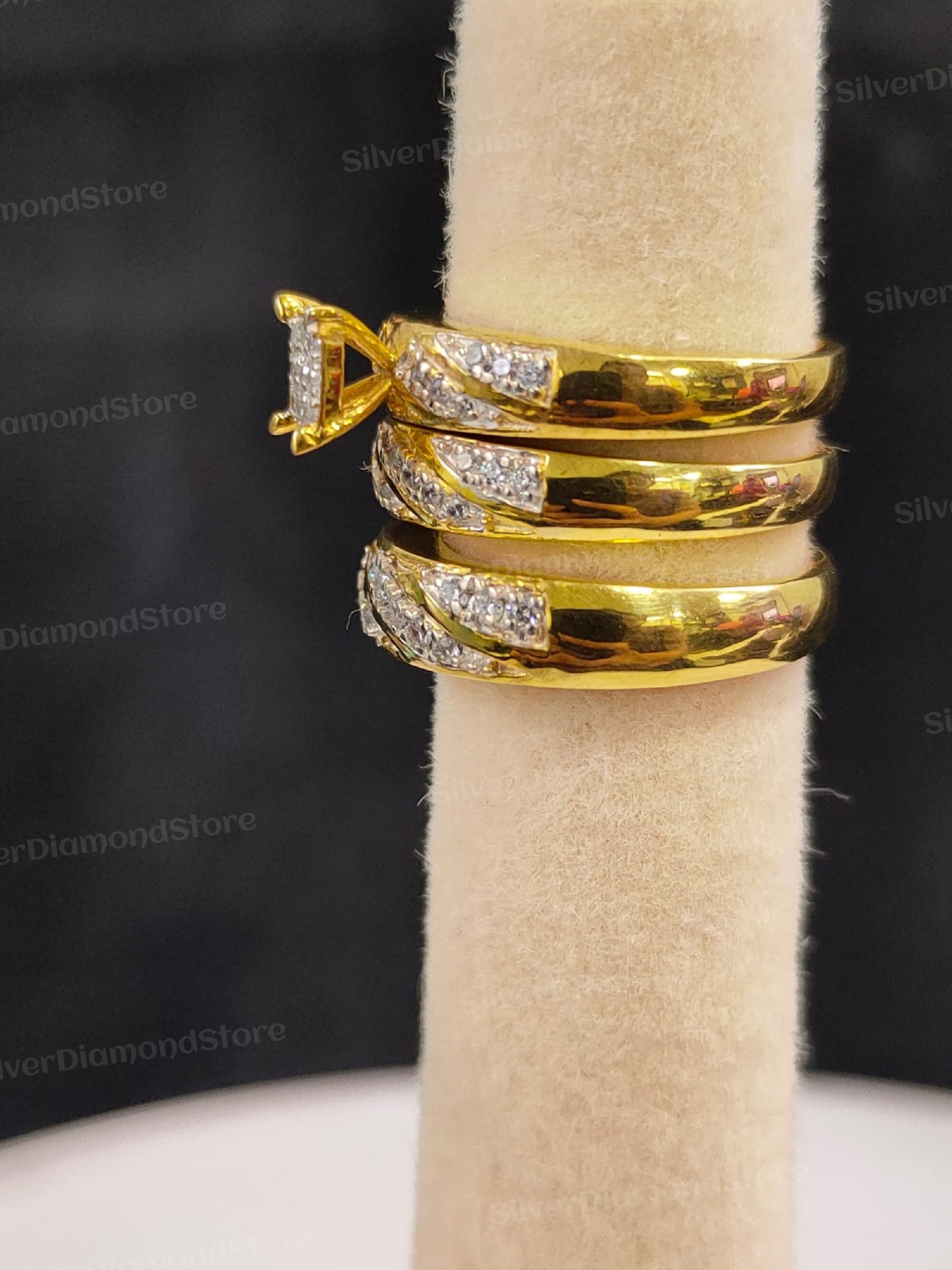 His and Her Wedding Trio Ring Set Real 14K Yellow Gold Finish Silver ...