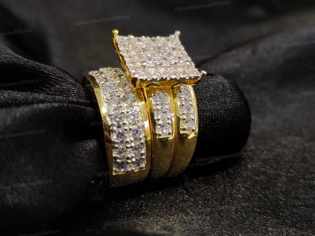 His and Her Wedding Trio Ring Set 14K Yellow Gold Over Silver Round Cut ...
