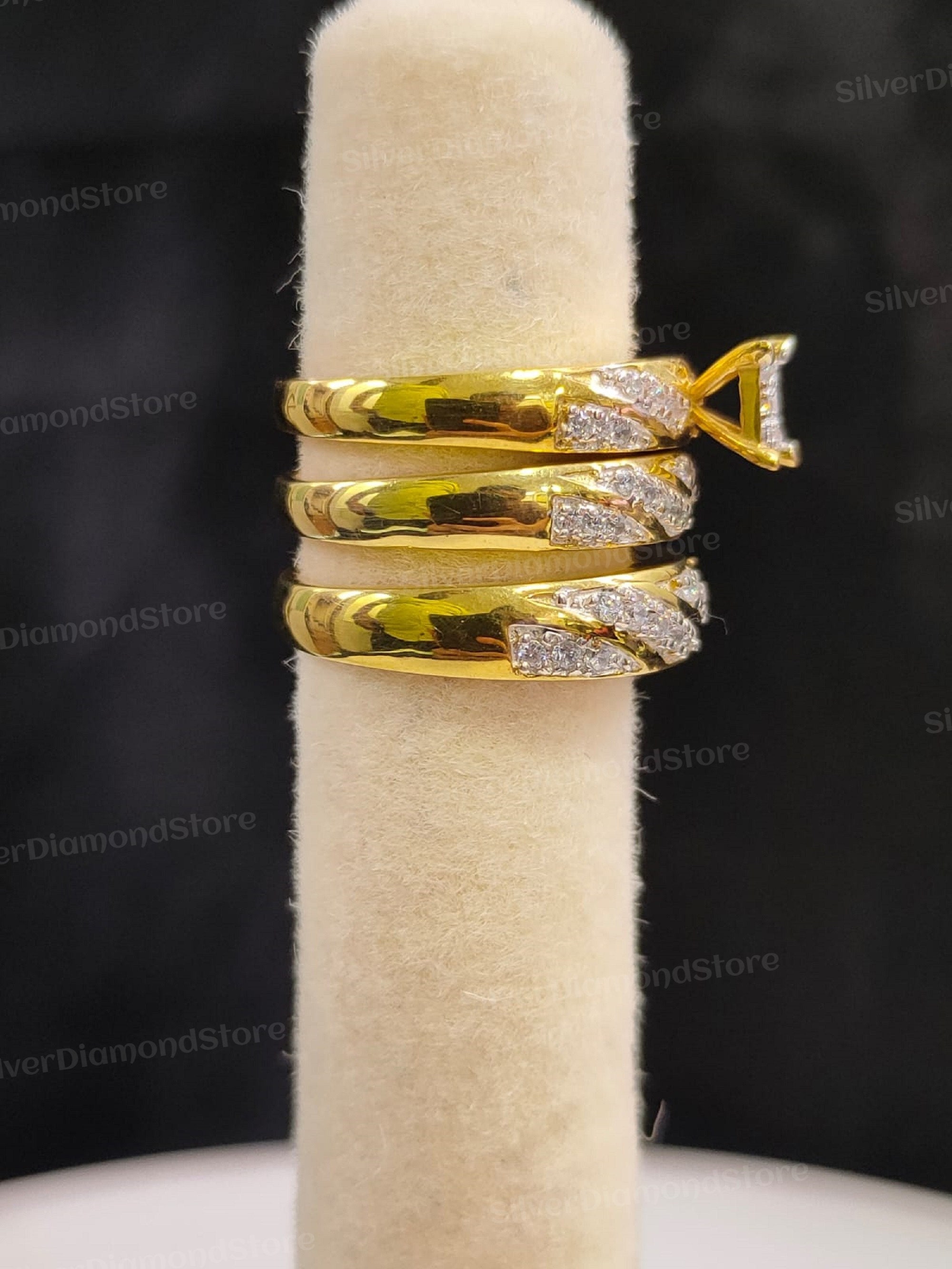 His and Her Wedding Trio Ring Set Real 14K Yellow Gold Finish Silver ...