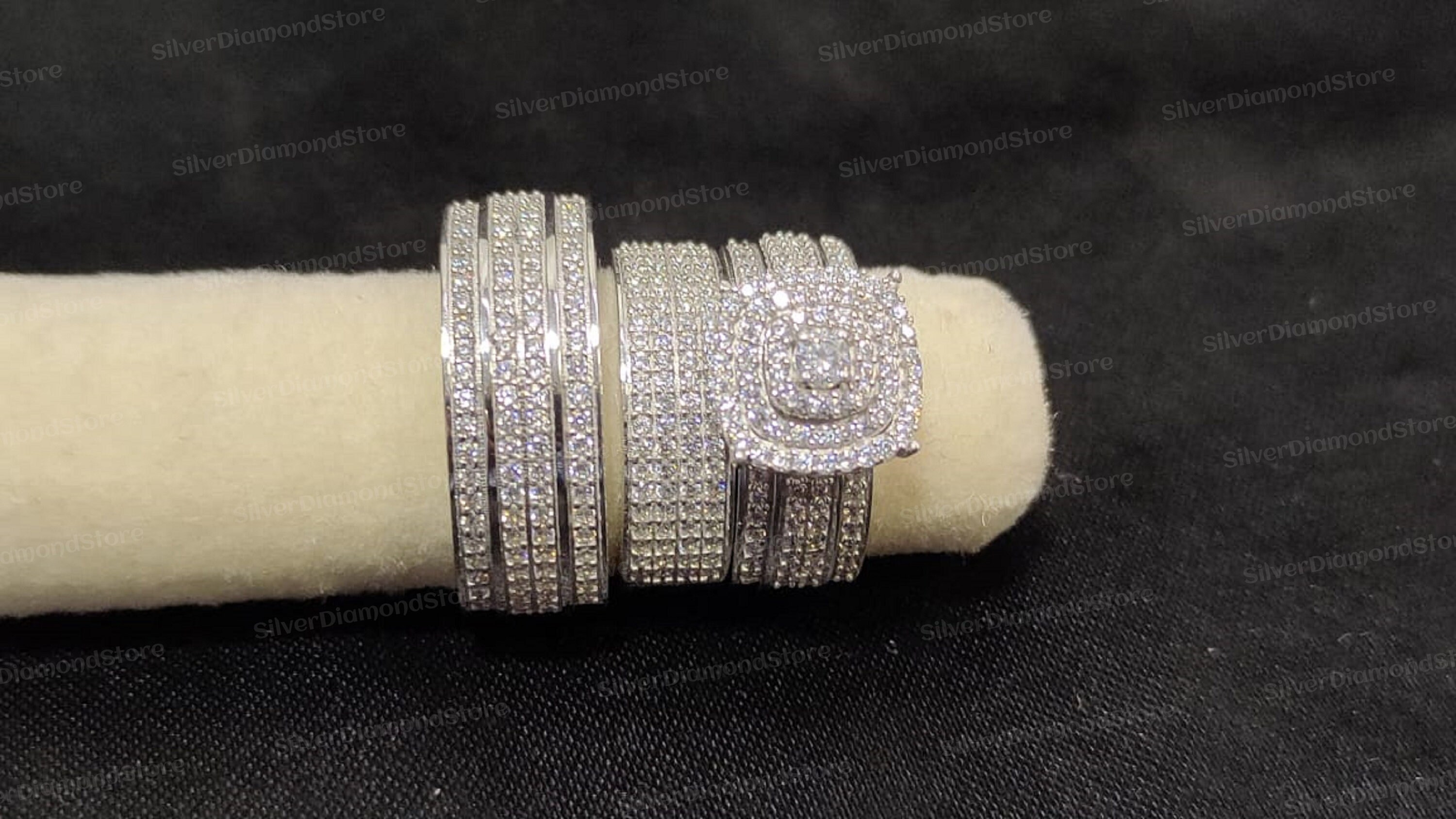 His & Her Round Cut Diamond Trio Ring Set, 14K White Gold Finish Silver ...