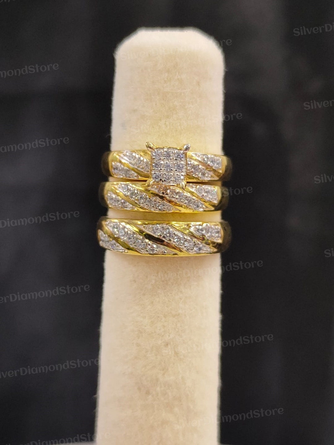 His and Her Wedding Trio Ring Set, Real 14K Yellow Gold Finish Silver ...