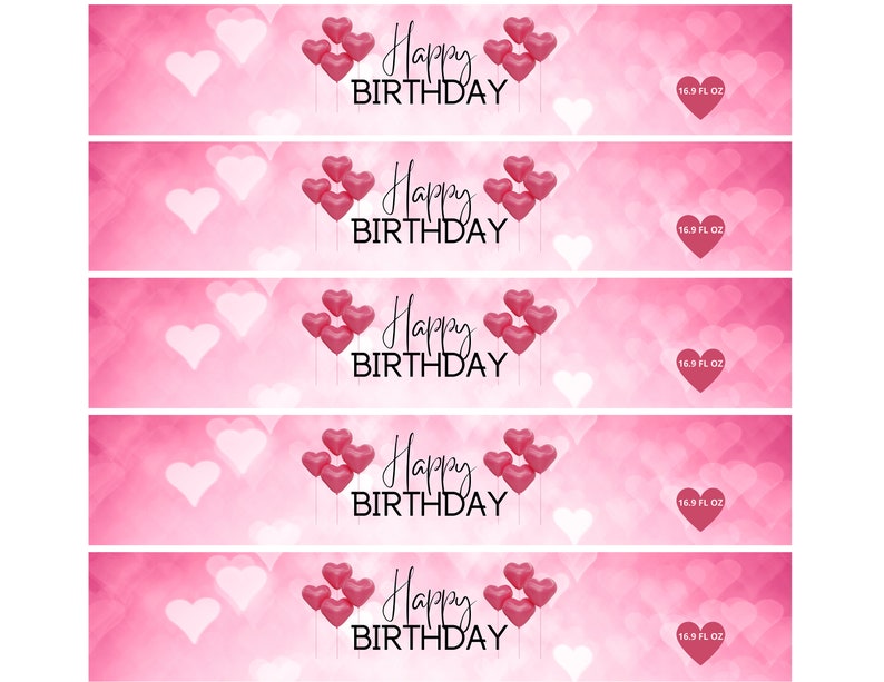 Pink Hearts Water Bottle Labels for Girl Birthday Party 16.9 Oz ...