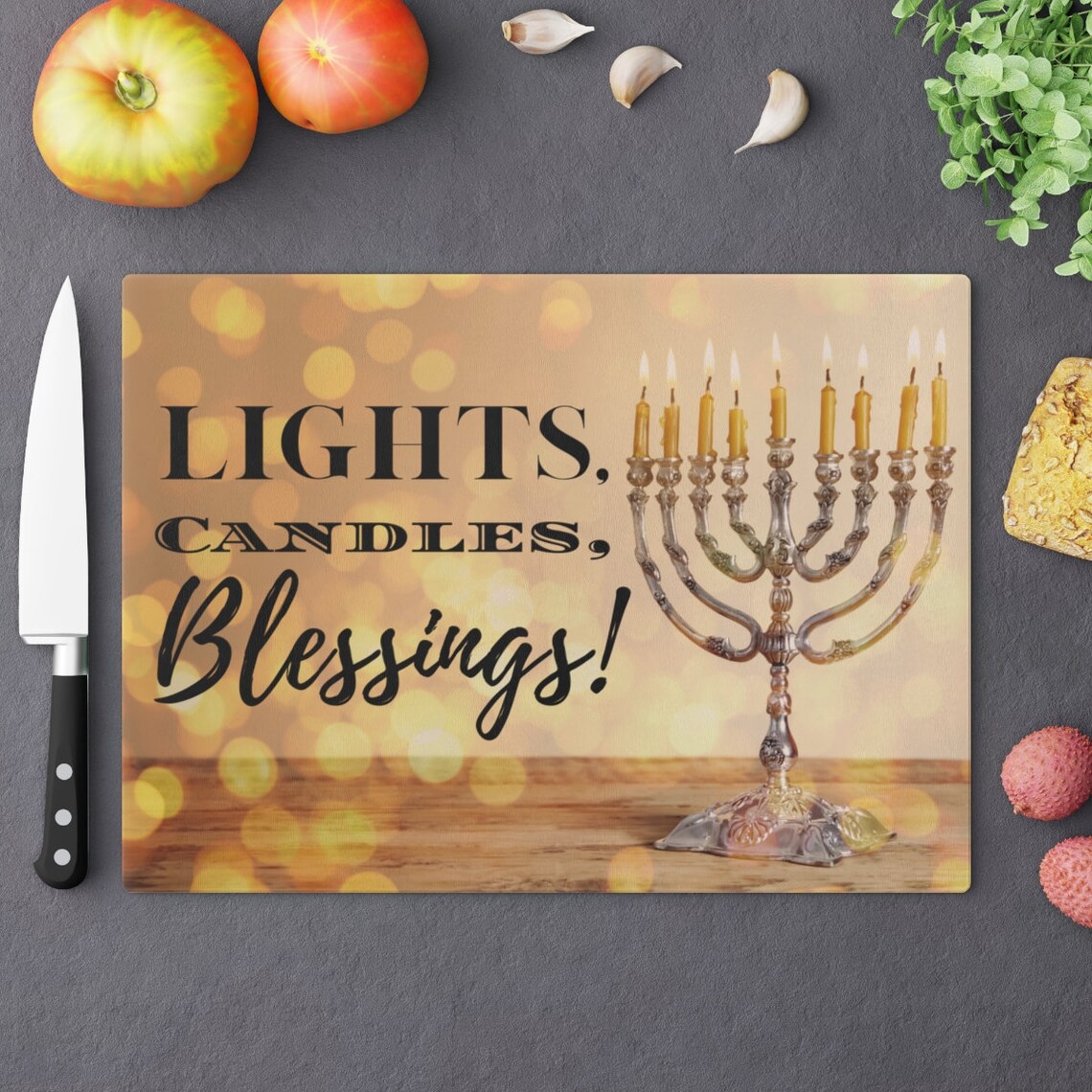 Chanukah Glass Cutting Board; Hanukkah Menorah Glass Drip Tray ...