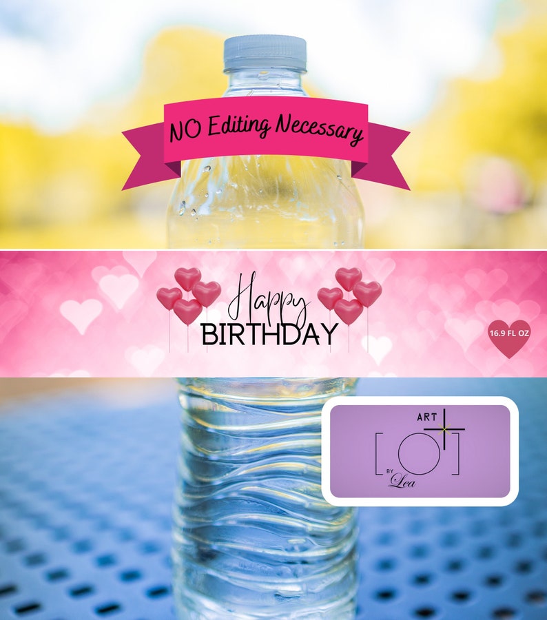 Pink Hearts Water Bottle Labels for Girl Birthday Party 16.9 Oz ...