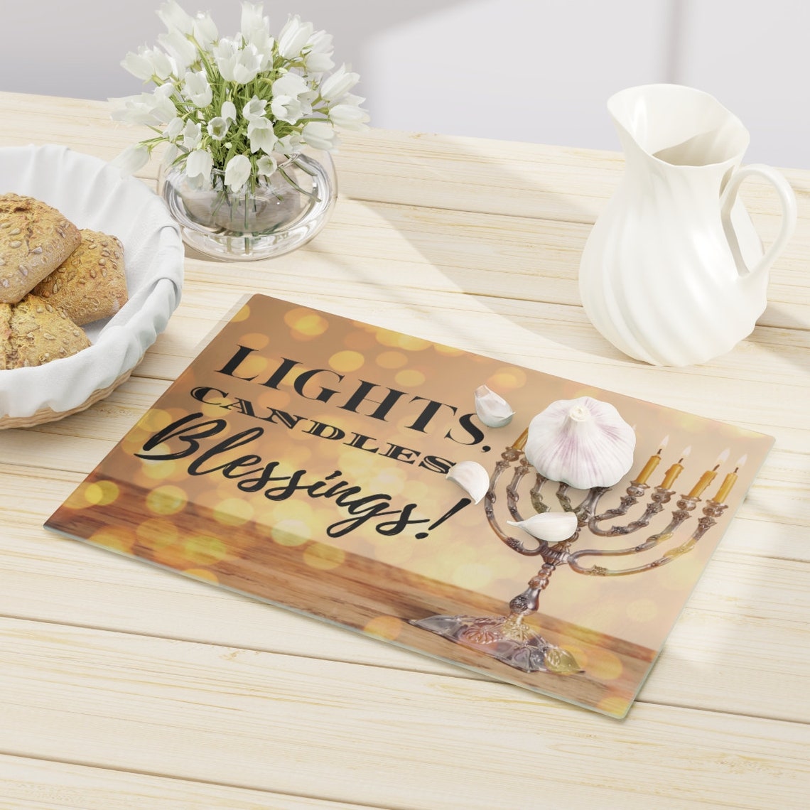 Chanukah Glass Cutting Board; Hanukkah Menorah Glass Drip Tray ...