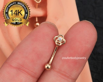 14k Solid Gold Rook Piercing Curved Flower Barbell...16g..8mmnickel Free - Etsy