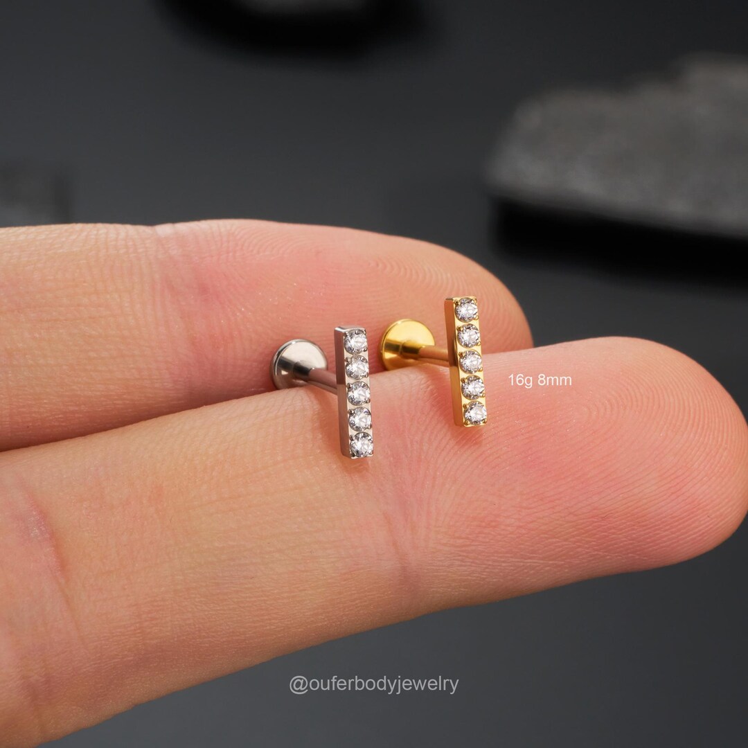 16G Titanium Rectangle CZ Bar Internally Threaded Flat Back Cartilage Stud/tragus Stud/conch ...