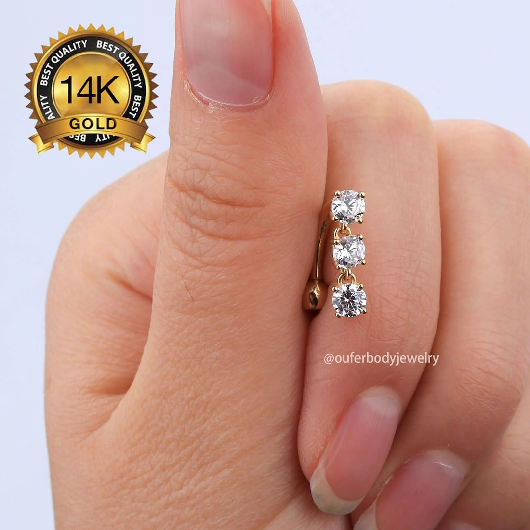 14K Solid Gold Reverse Belly Ring/cz Belly Piercing/top Down Reverse ...