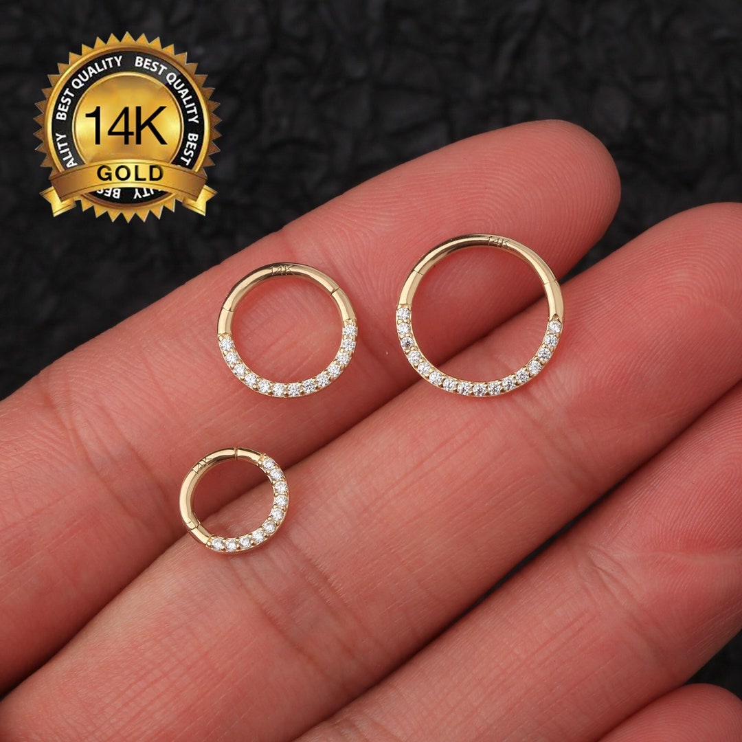 14k 16G 18G Solid Gold CZ Septum Clicker/daith Earring/huggie Hinged Clicker/cartilage Hoop ...