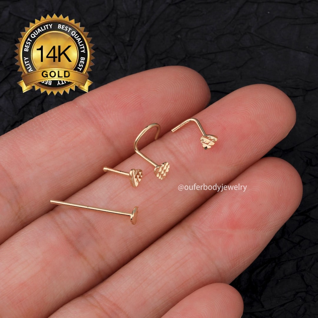 14K Gold Heart Hammer Nose Ring Set 20g/3mm Round Nose Stud/nose Bone ...