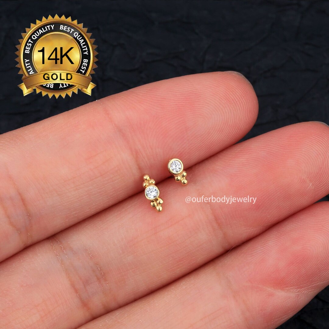 14K Gold CZ Beads Threadless Push Pin Labret Stud/nose/tragus/cartilage ...
