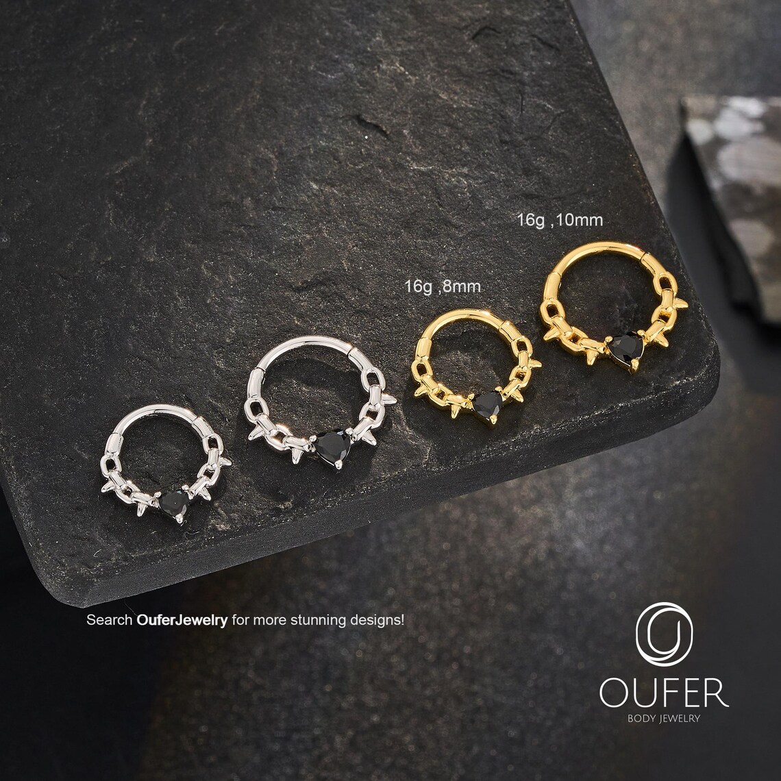 16G Heart Black CZ Septum Ring – Spike Chain Hinged Segment Clicker ...