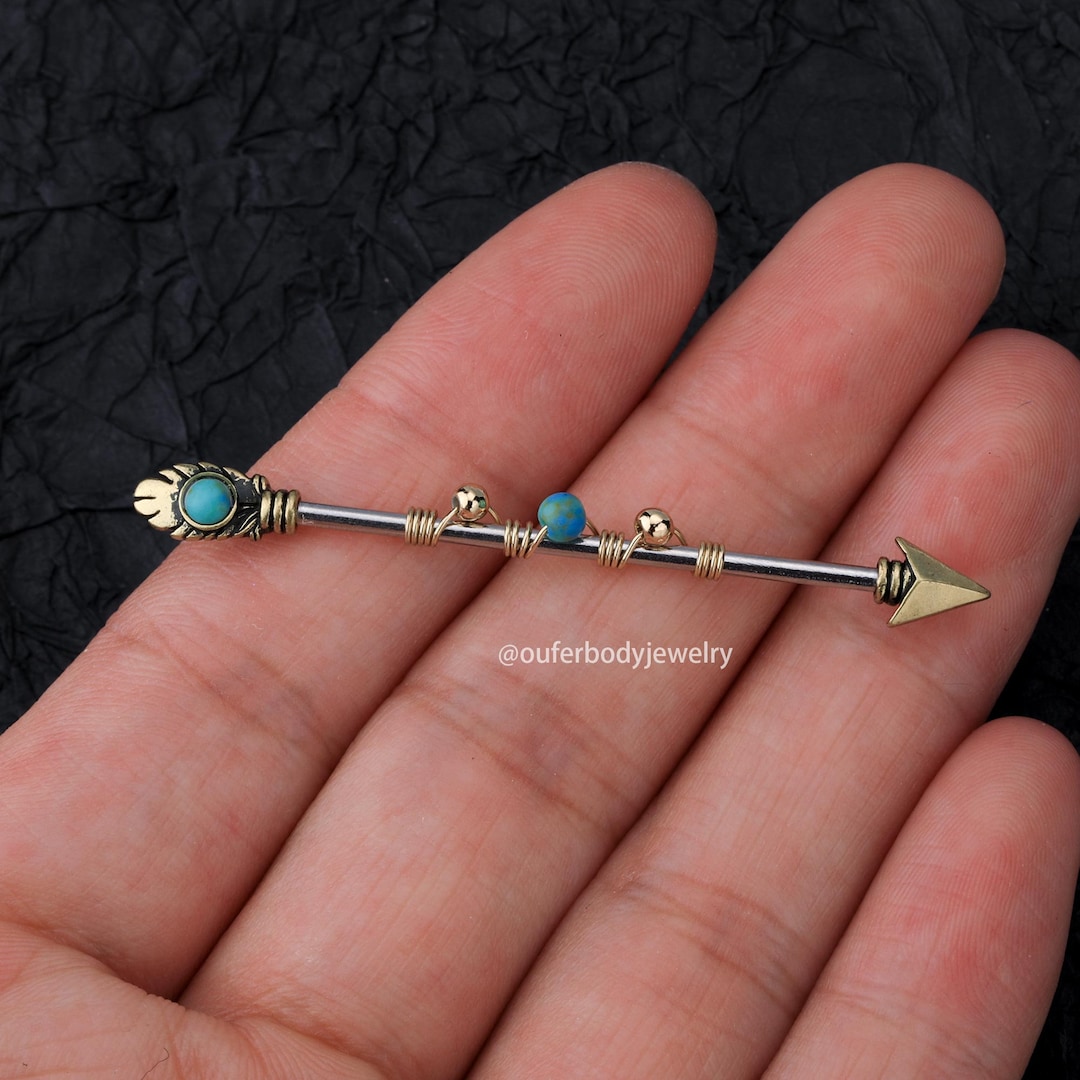 14g Burnished Gold Industrial Barbell Arrow With Stone Industrial ...